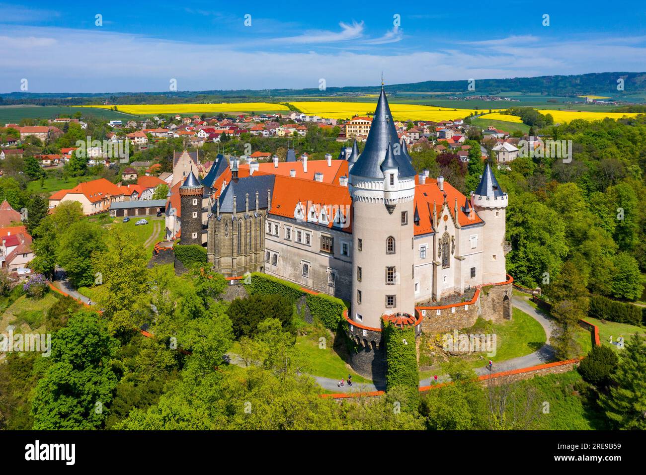 Aerial view of Zleby castle in Central Bohemian region, Czech Republic ...