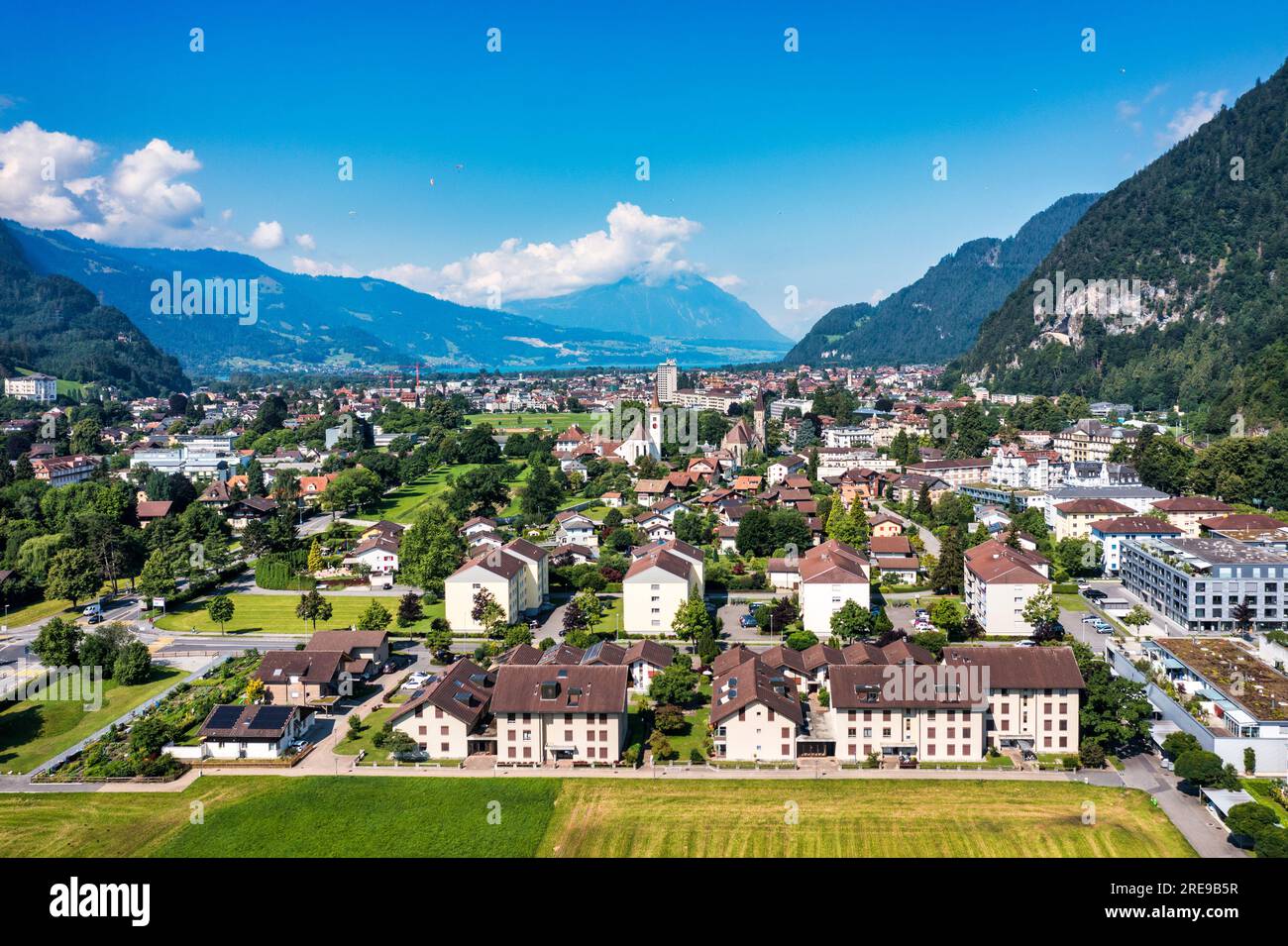 Aerial view over the city of Interlaken in Switzerland. Beautiful view ...