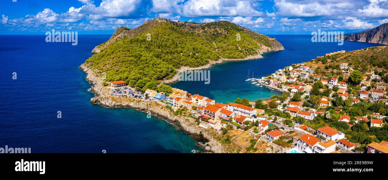 Assos village in Kefalonia, Greece. Turquoise colored bay in ...