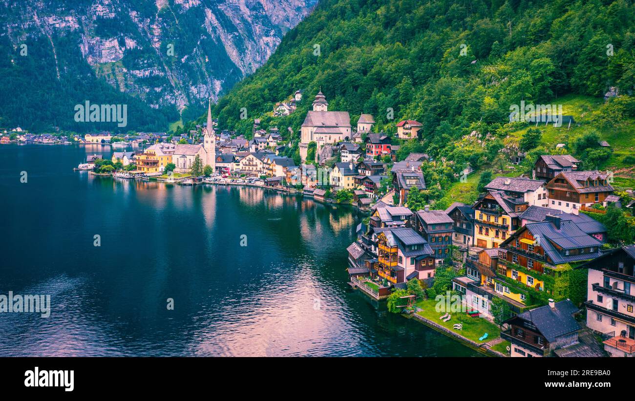 Aerial view of austrian mountain village Hallstatt and Hallstatter lake ...