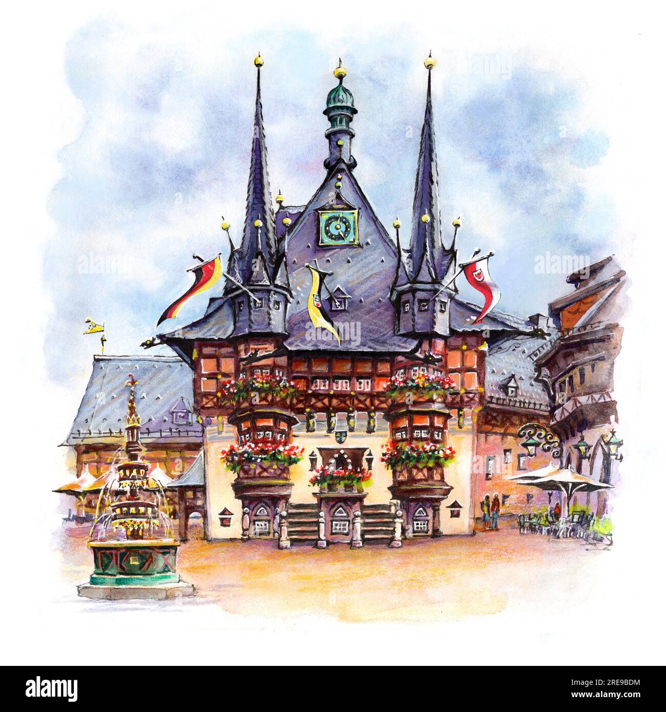Watercolor sketch of Wernigerode fine town hall with timber facade ...