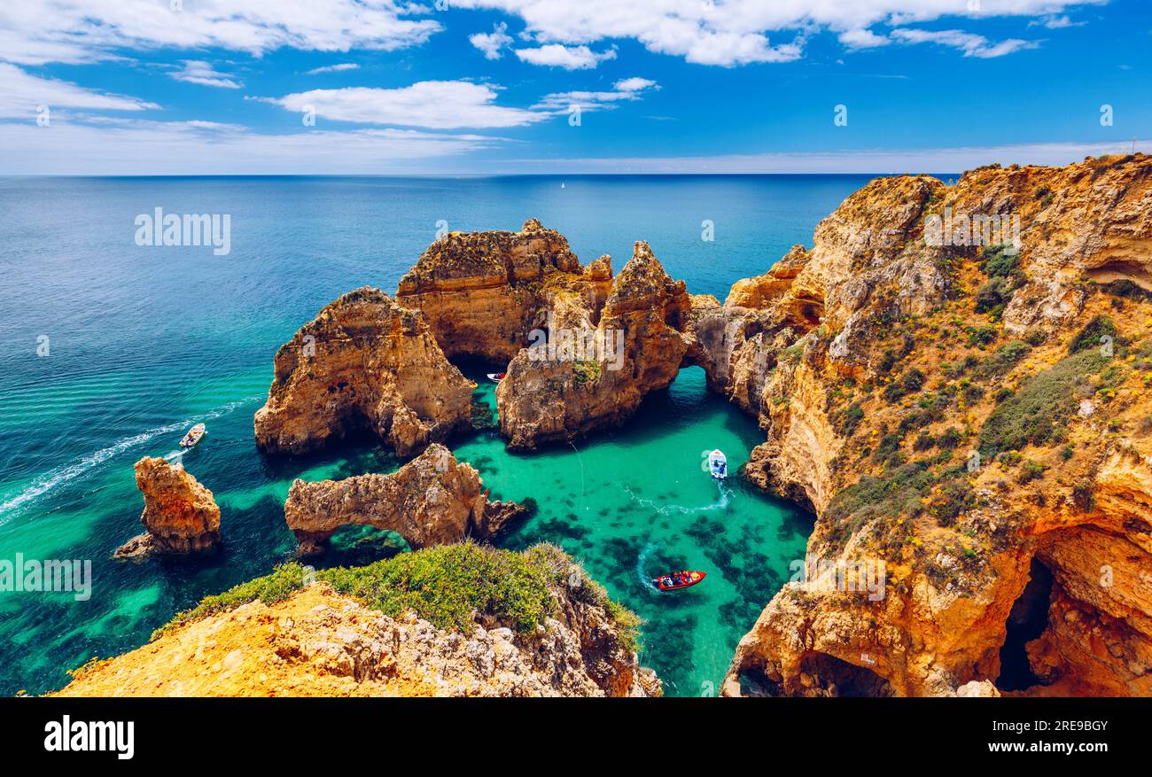 Panoramic view, Ponta da Piedade near Lagos in Algarve, Portugal. Cliff ...