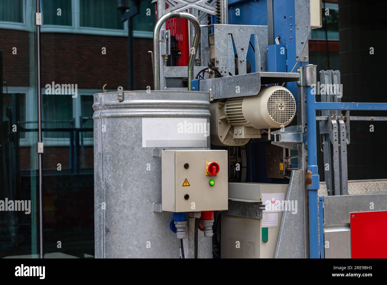 Electric motor and hoist control panel at the construction site. Close ...