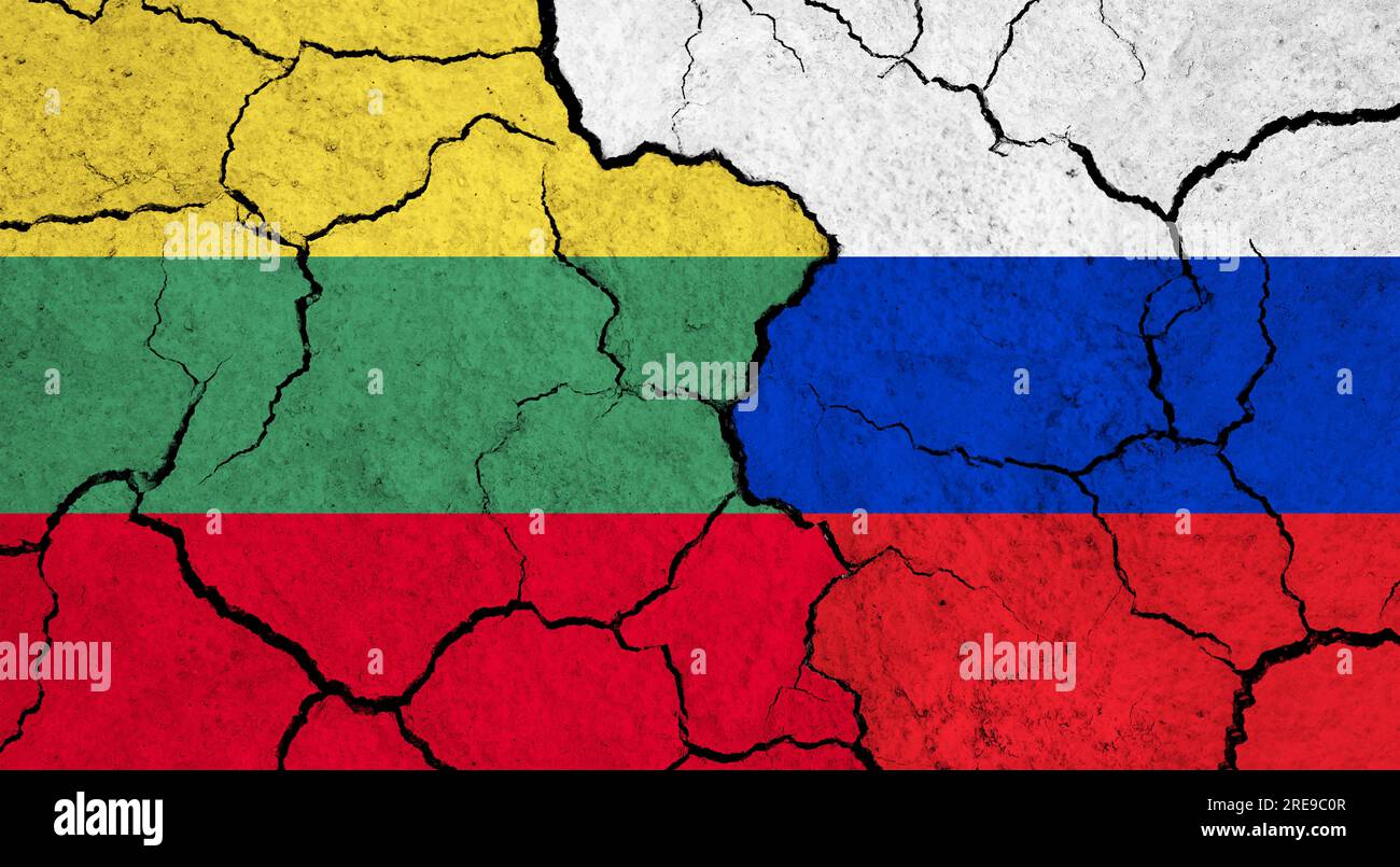 Flags of Lithuania and Russia on cracked surface - politics ...