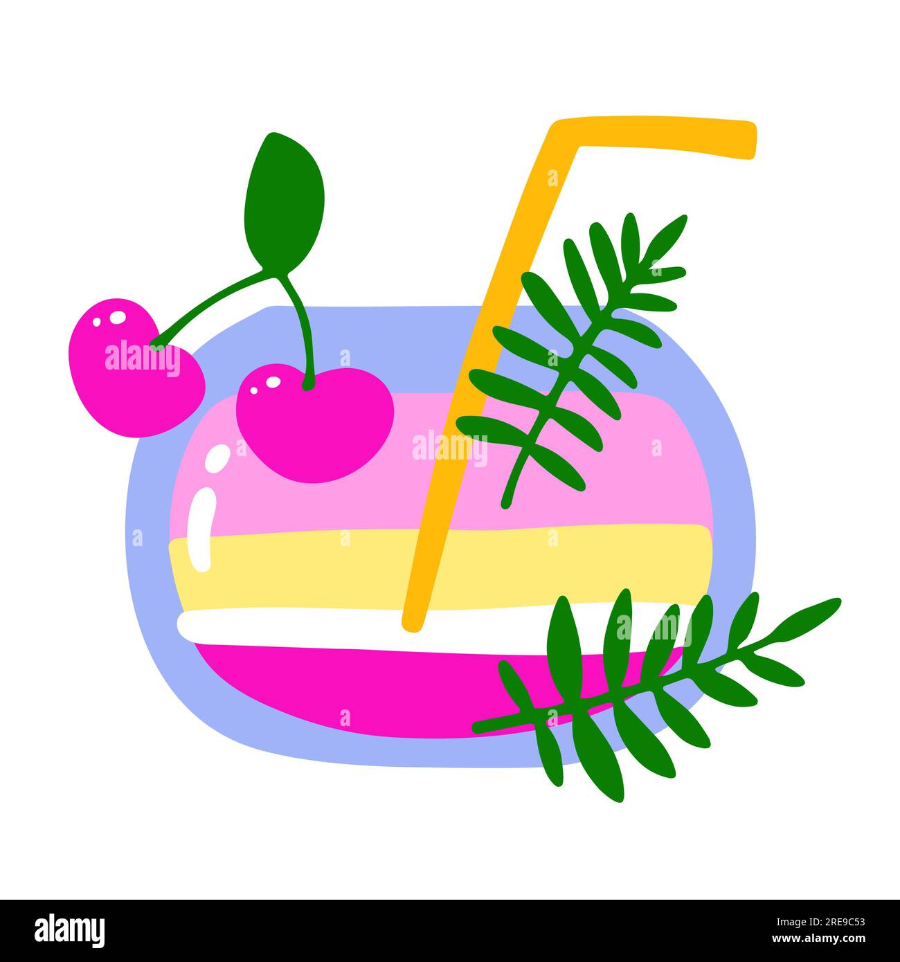 Cartoon tropical cocktail. Pink layers drink on white background. Hand ...