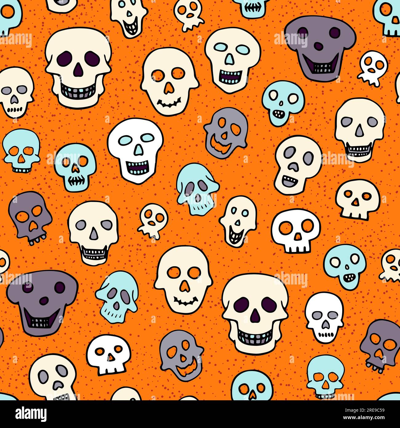 Doodle Halloween sculls seamless pattern. Skeleton on orange texture ...