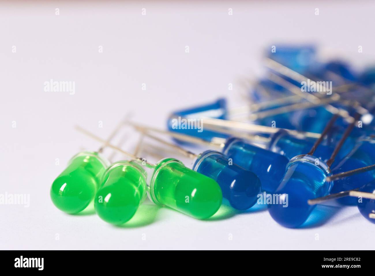 Closeup varios of Through Hole led diodes green and blue, electronic ...