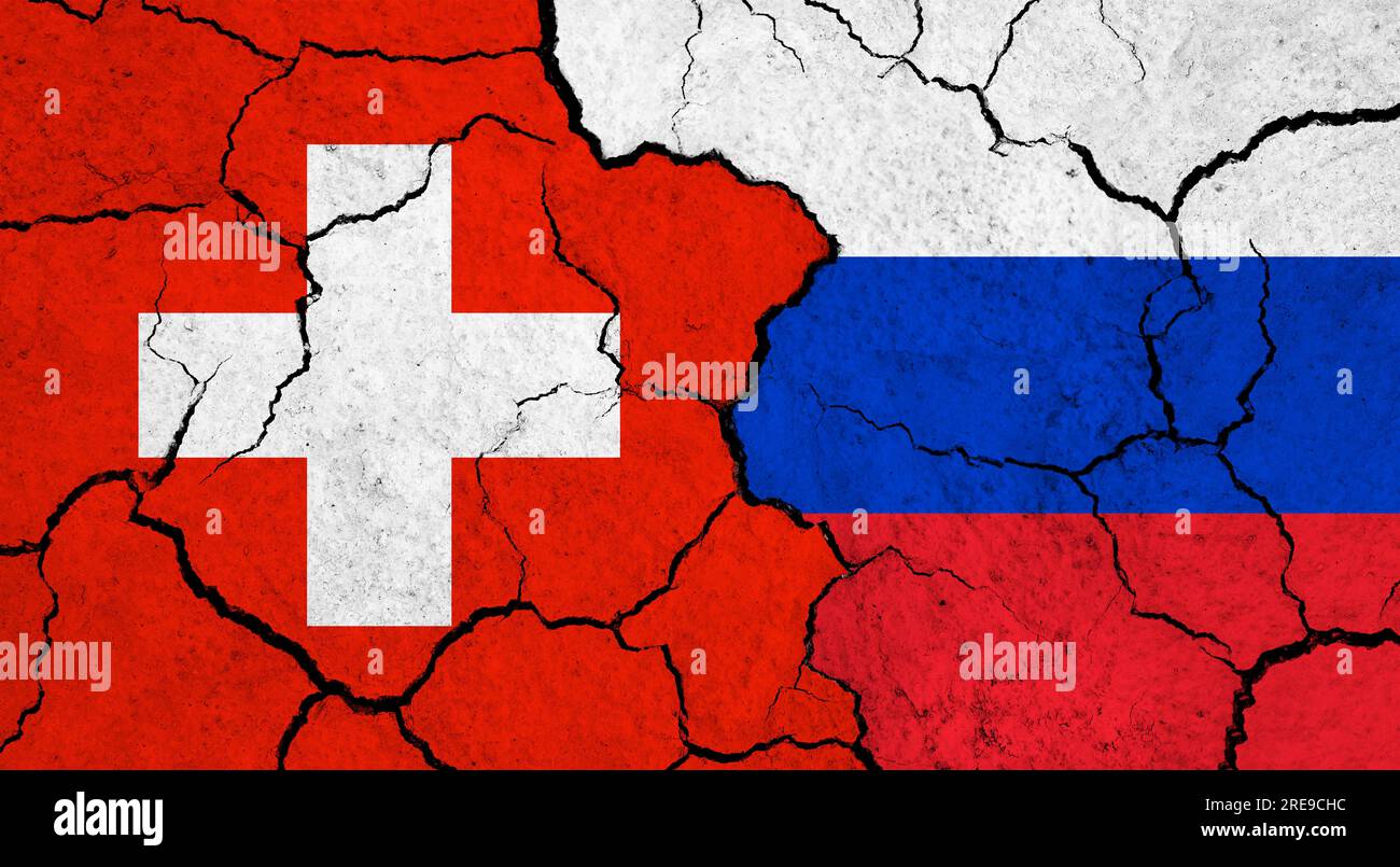 Flags of Switzerland and Russia on cracked surface - politics ...