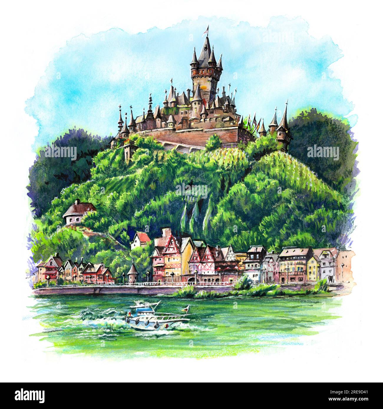 Watercolor sketch of Cochem, beautiful historical town on romantic ...