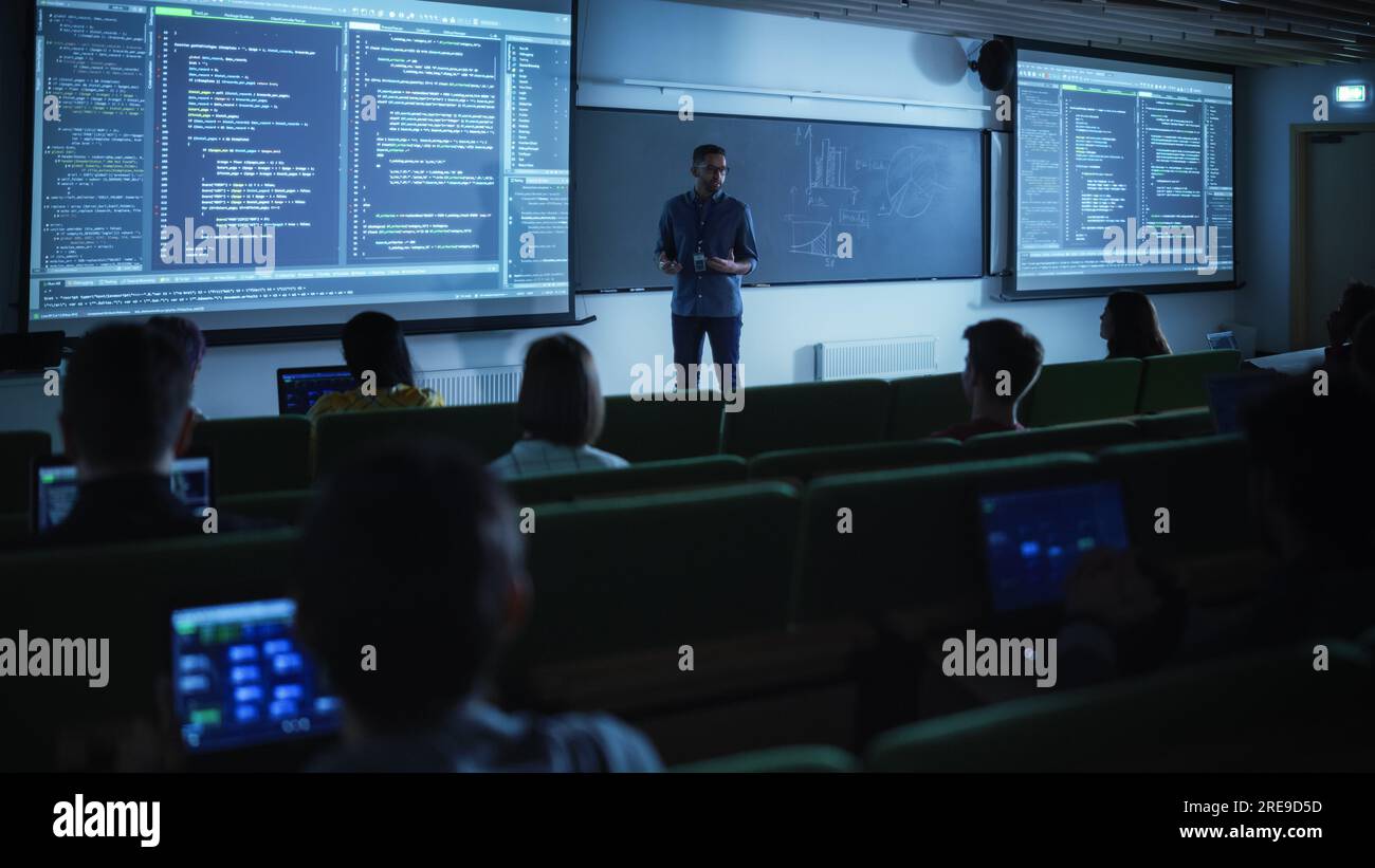 Young Male Teacher Giving a Data Science Lecture to Diverse Multiethnic ...