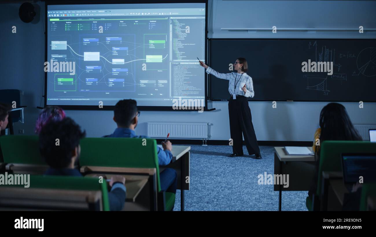 Young Female Teacher Giving a Data Science Lecture to Diverse ...