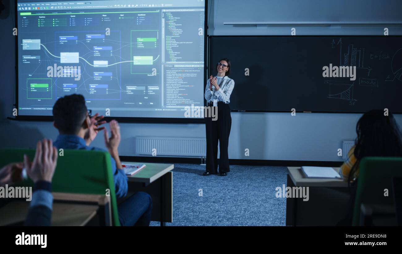 Young Female Teacher Giving a Data Science Lecture to Diverse ...
