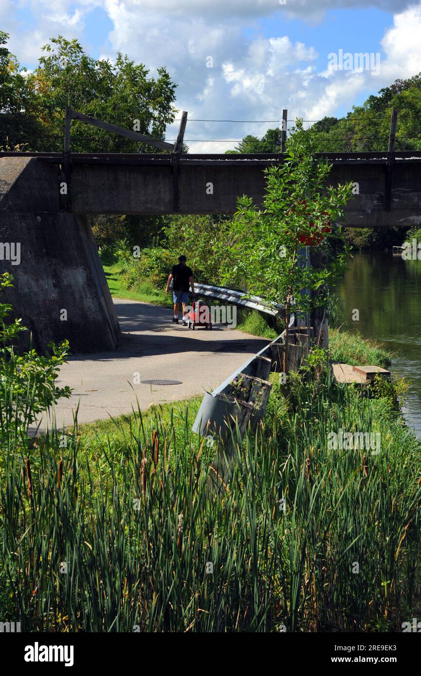 Man pulls child and wagon through the underpass of a train track bridge ...