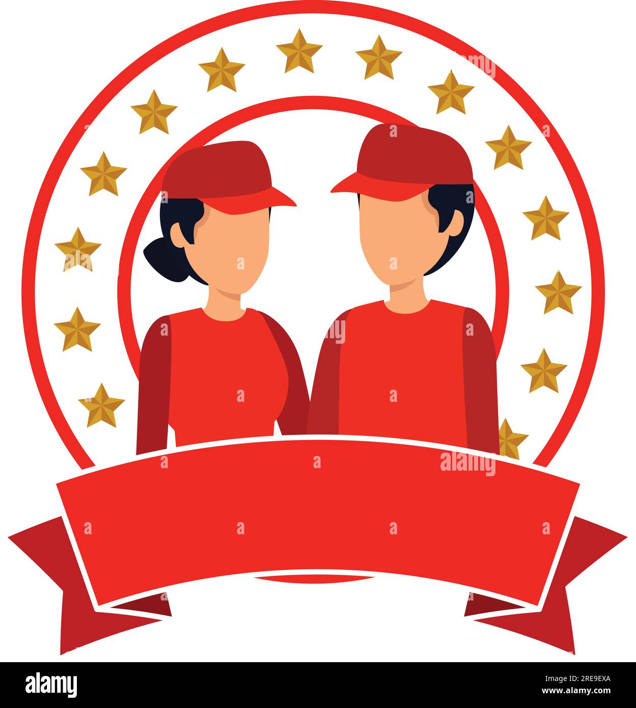 there are two people in red hats standing behind a red ribbon Stock ...