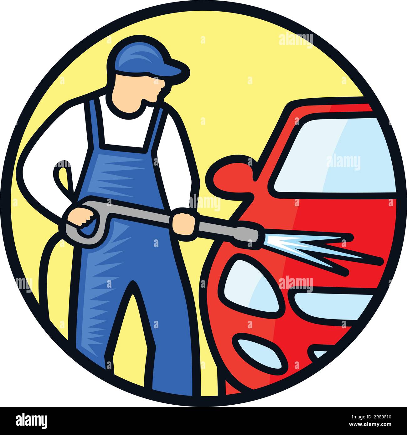 a cartoon man with a wrench is washing a red car Stock Vector Image ...