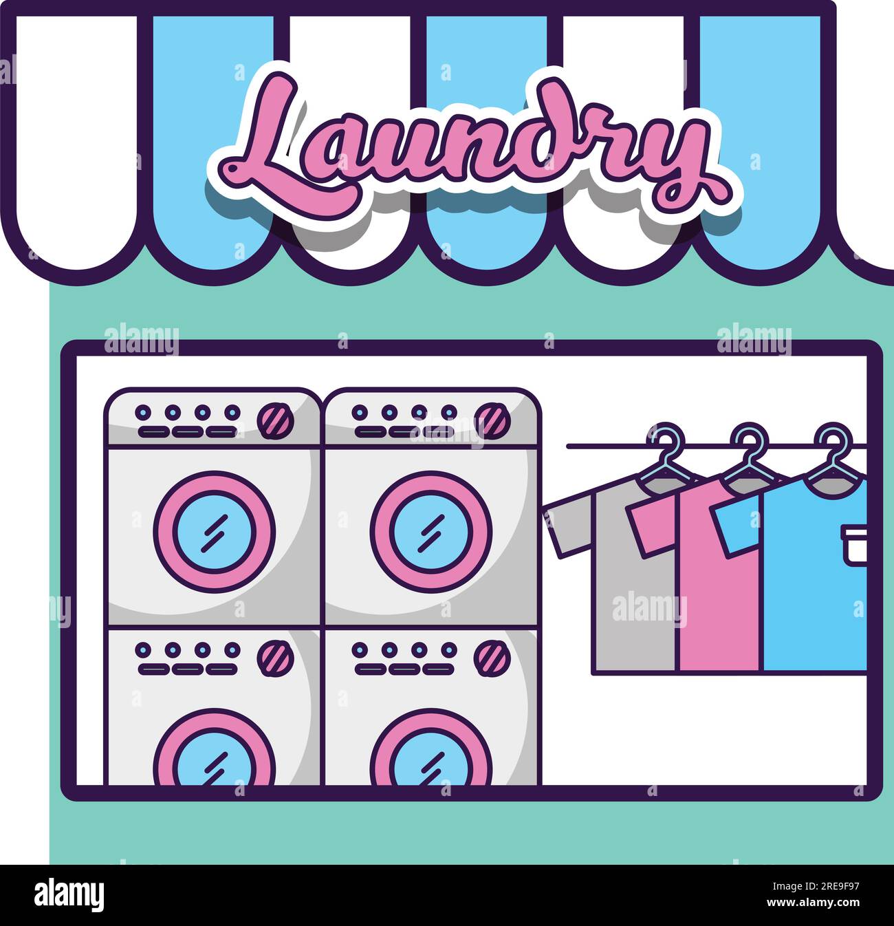 a cartoon illustration of a laundry shop with a washing machine and ...