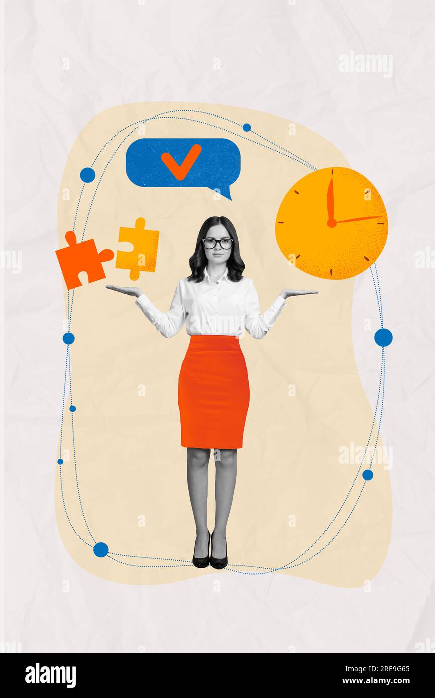 Vertical collage image artwork of confident successful lady complete ...