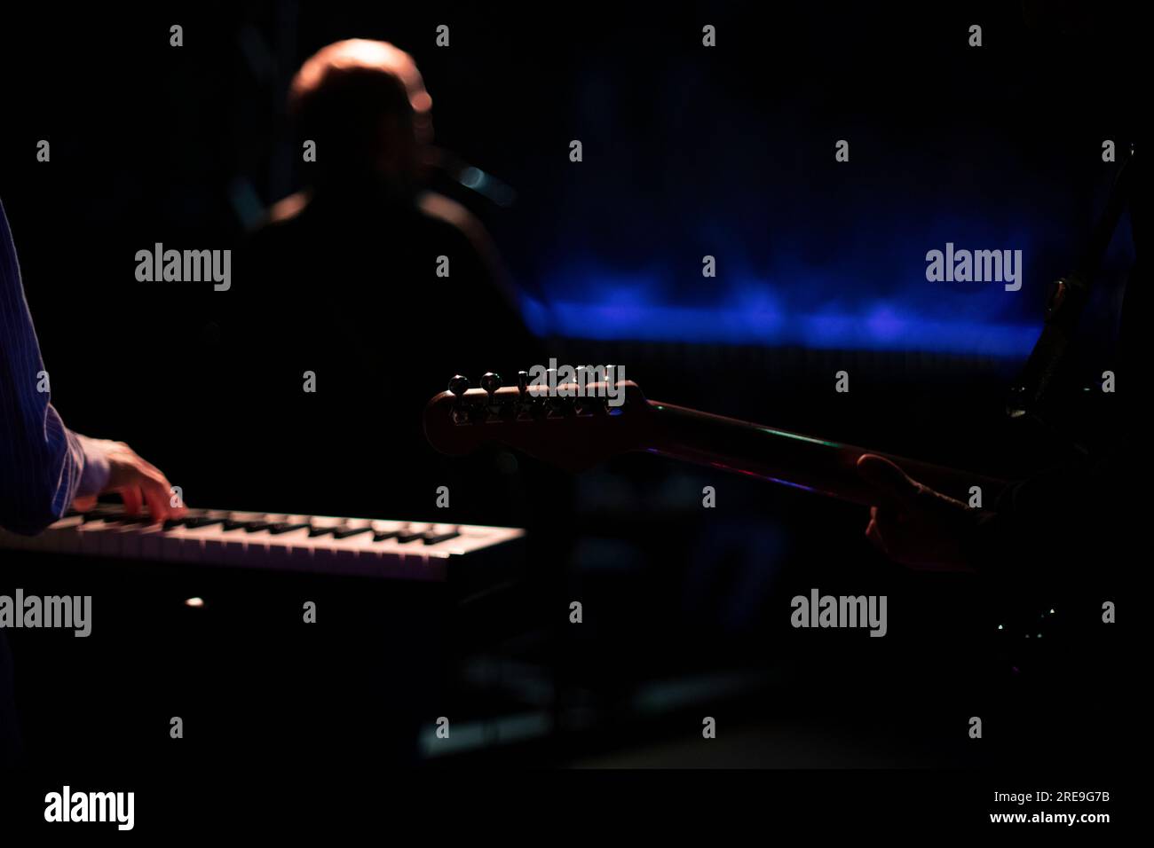 Musicians on stage. Music performance. Playing guitar. Performance in ...