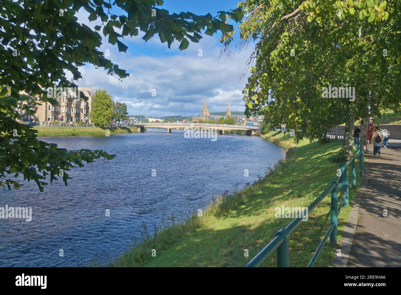 Looking north up tree lined footpath beside River ness (towards city ...