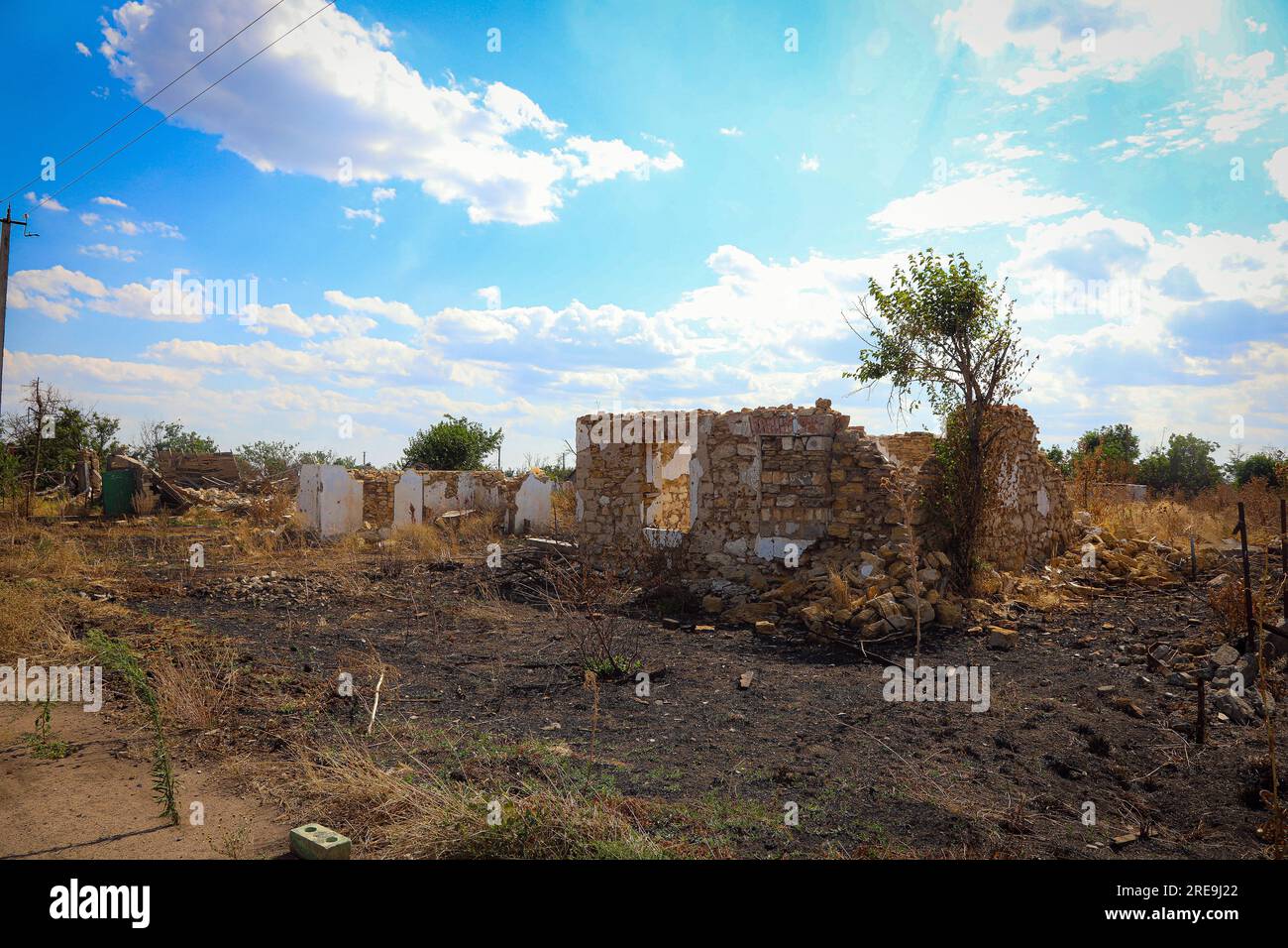 BLAHODATNE, UKRAINE - JULY 19, 2023 - A building ruined in the shelling ...