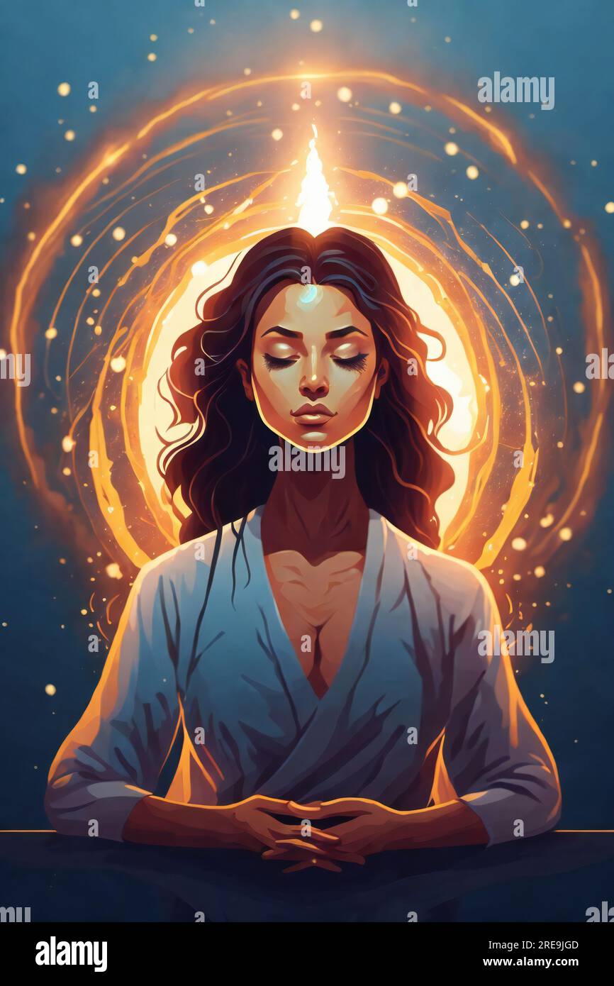 Digital Illustration Of A Woman In Yoga Meditation, Close Up Portrait ...