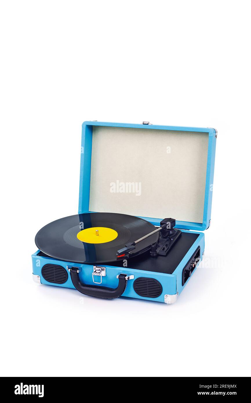 a blue retro portable turntable with a disc on a white background with ...