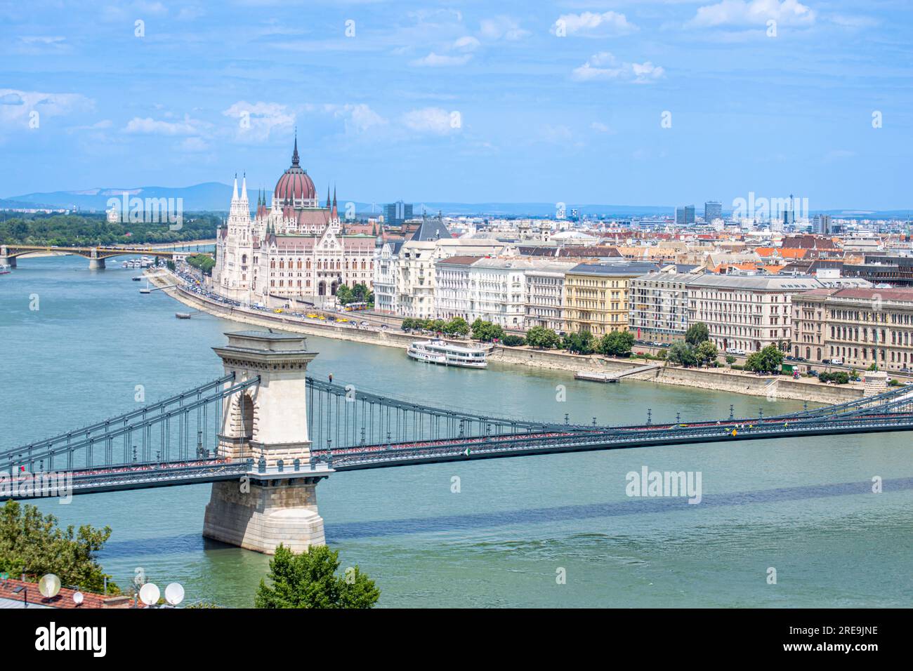 BUDAPEST, HUNGARY - JULY 7, 2023: East bank of the Danube river ...