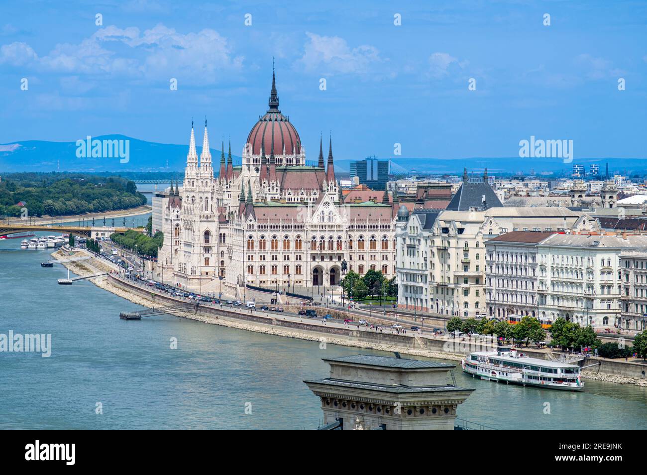 BUDAPEST, HUNGARY - JULY 7, 2023: East bank of the Danube river ...