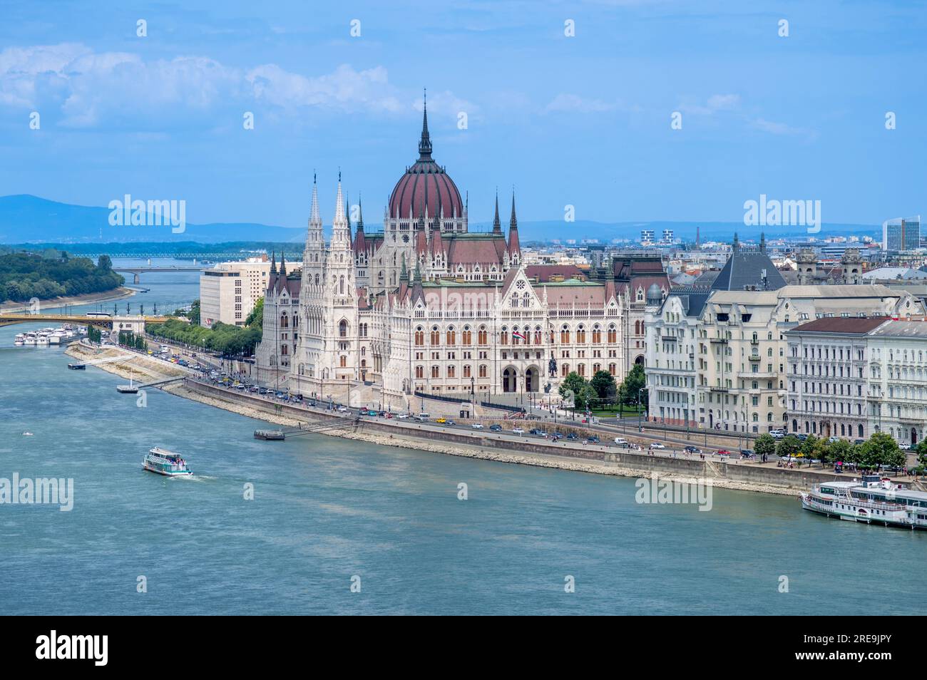 BUDAPEST, HUNGARY - JULY 7, 2023: East bank of the Danube river ...