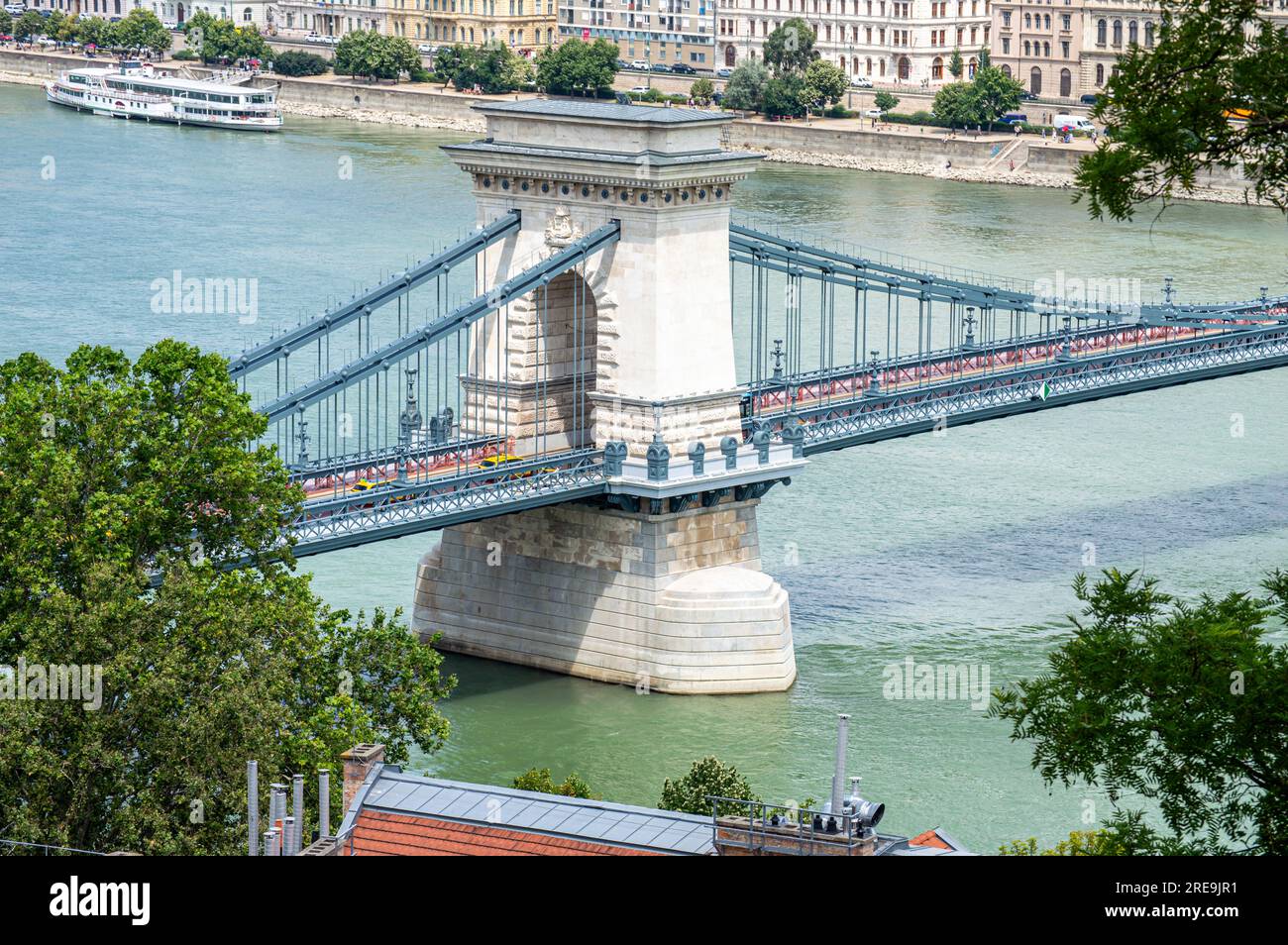 BUDAPEST, HUNGARY - JULY 7, 2023: The Szechenyi Chain Bridge over the ...