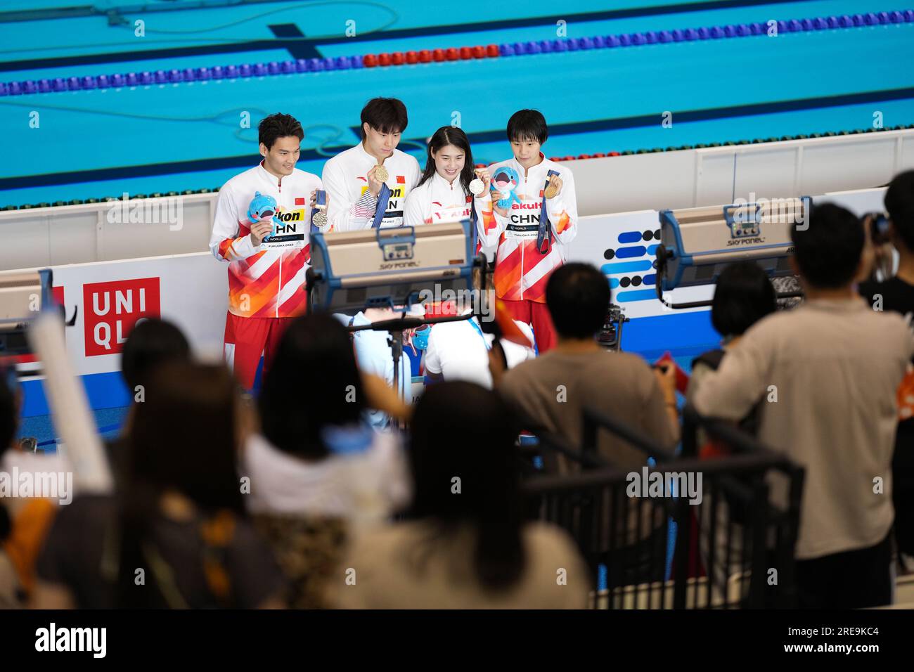 Fukuoka, Japan. 26th July, 2023. Gold medalists Xu Jiayu, Qin Haiyang ...