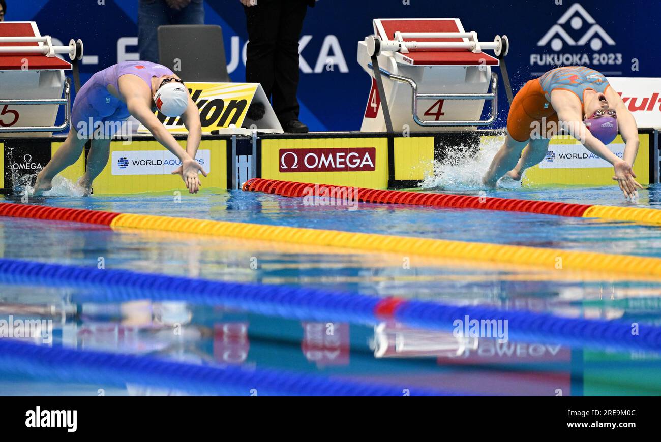 Fukuoka, Japan. 26th July, 2023. Wan Letian (L) and Wang Xueer of China compete during the women ...