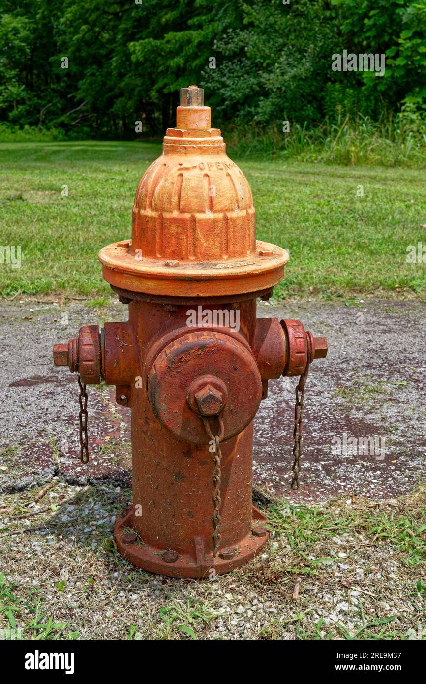 Grungy old fire hydrant alongside a path by the road with peeling and ...