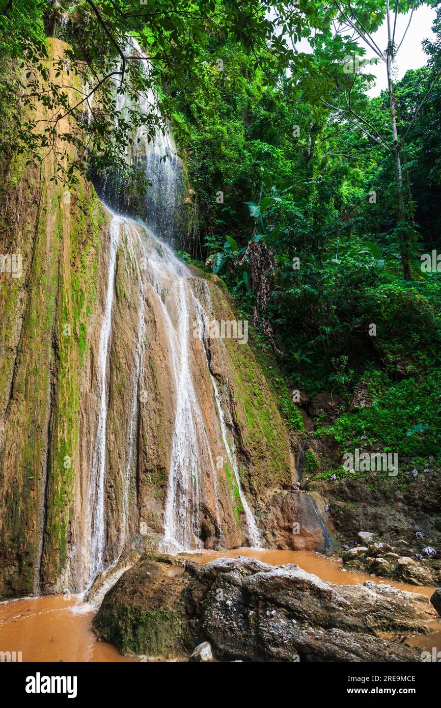 Vertical landscape photo with waterfall in tropical forest. Samana ...