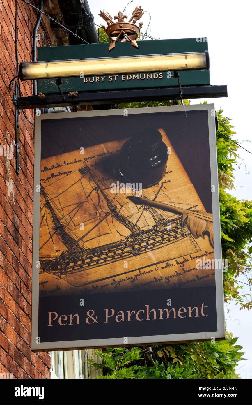 Traditional hanging pub sign at the Pen and Parchment - a Greene King ...