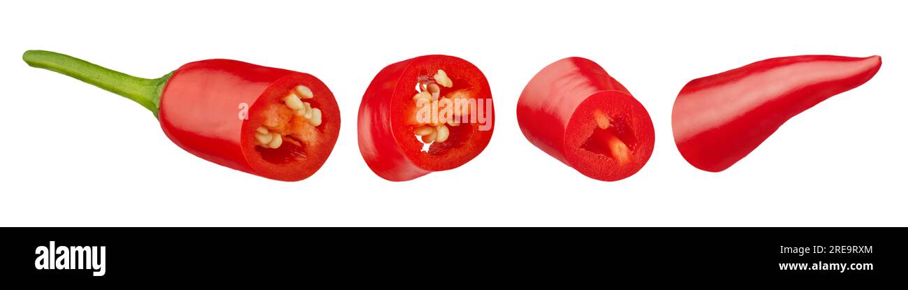 Red chili pepper on a white isolated background. Pepper cut into slices ...