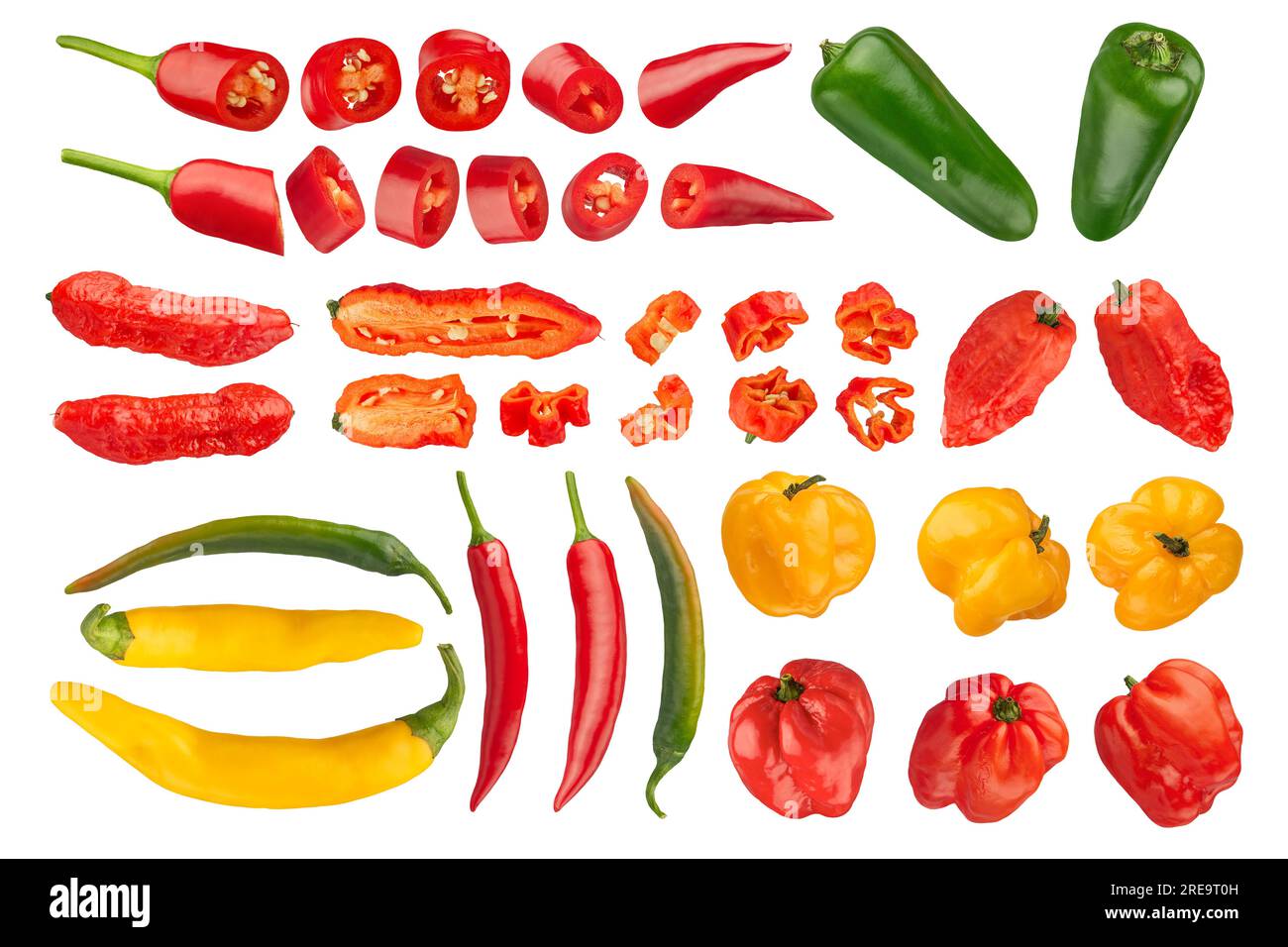 Flying pepper. Set of slices of different sizes of fresh different ...