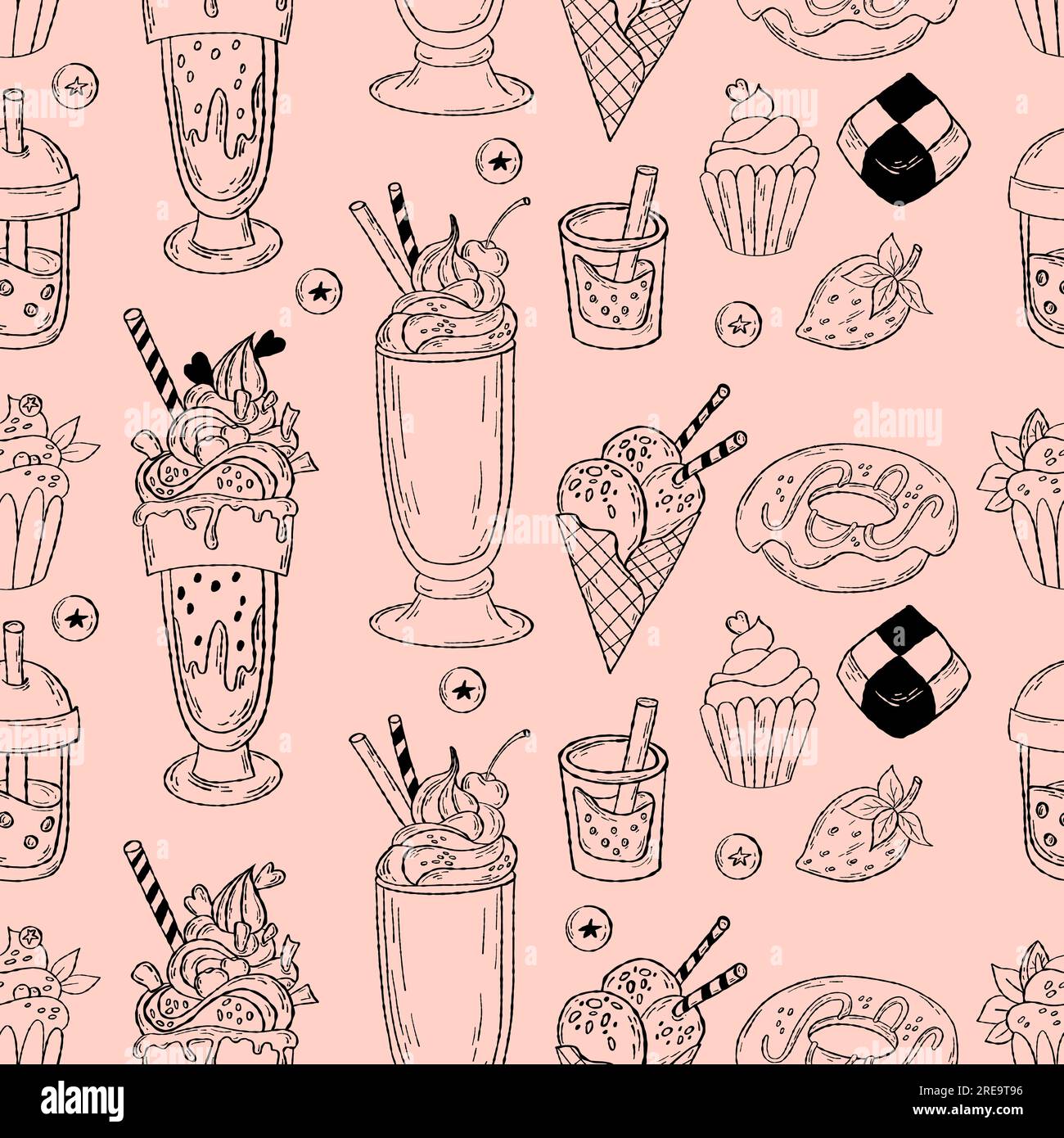 Sweet desserts seamless pattern. Sweet food, creamy dessert, smoothies ...