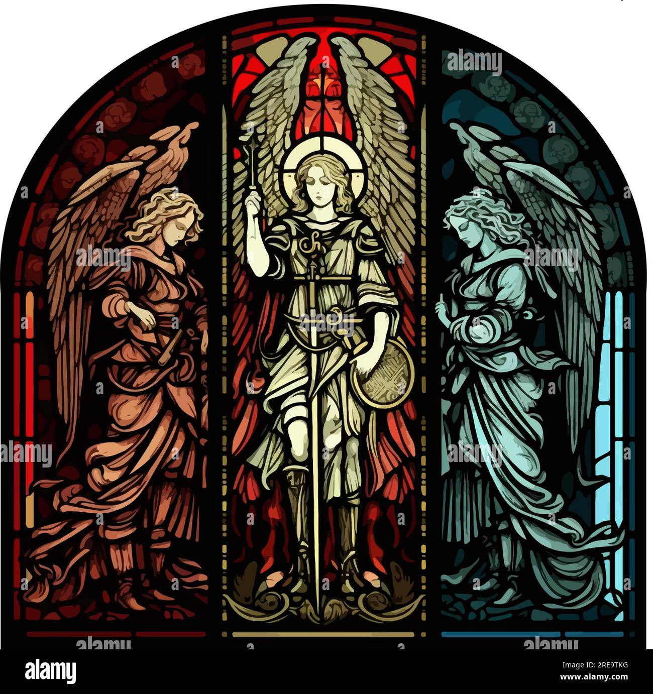 Archangel grouping in stained glass window, Michael, Gabriel, Raphael ...