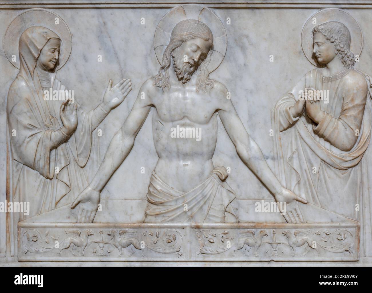 NAPLES, ITALY - APRIL 21, 2023: The marble relief of Pieta (Jesus, Mary ...