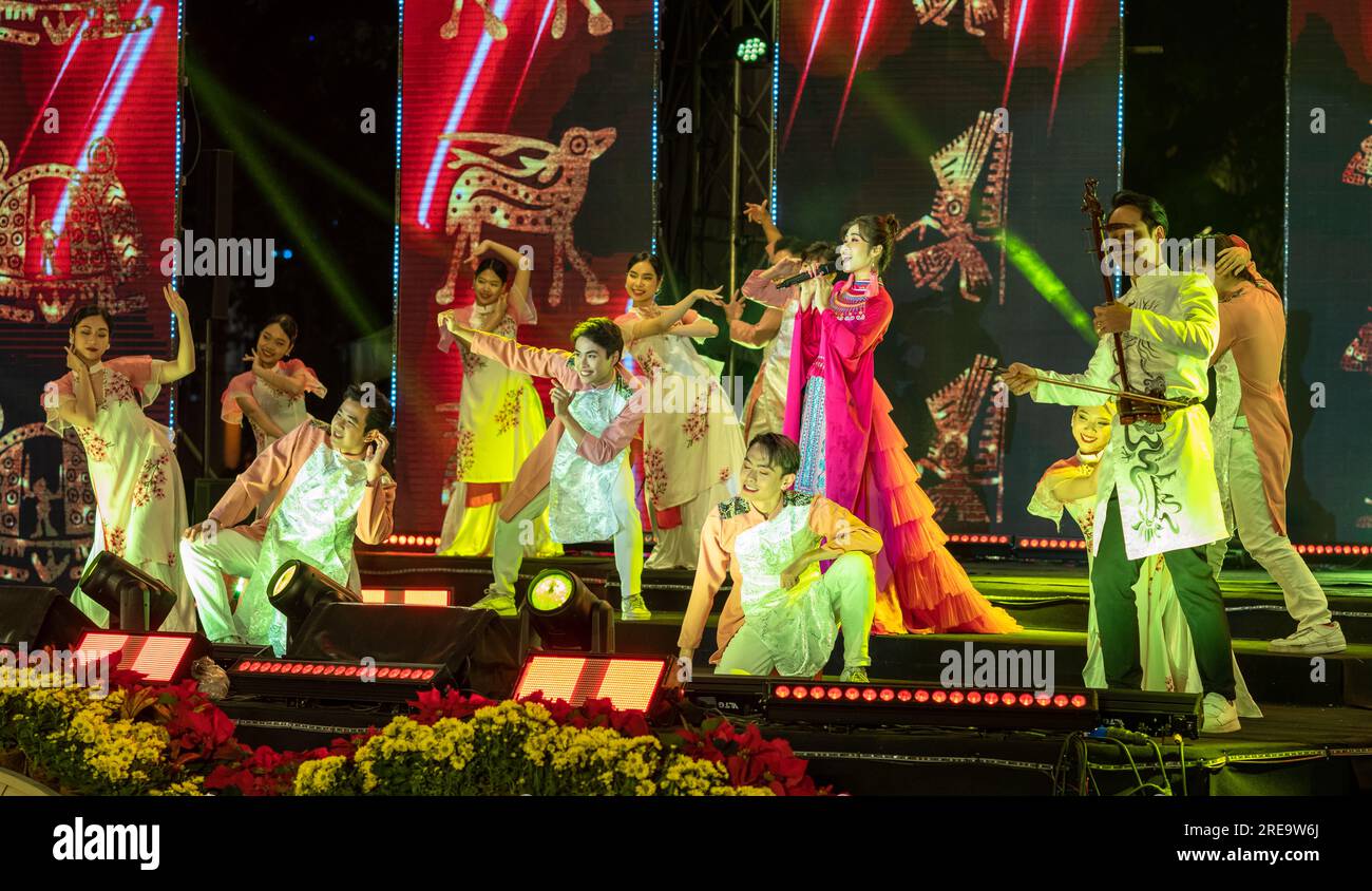 Vietnamese singer Ha Myo (Nguyen Ngoc Ha) performs with dancers on an ...
