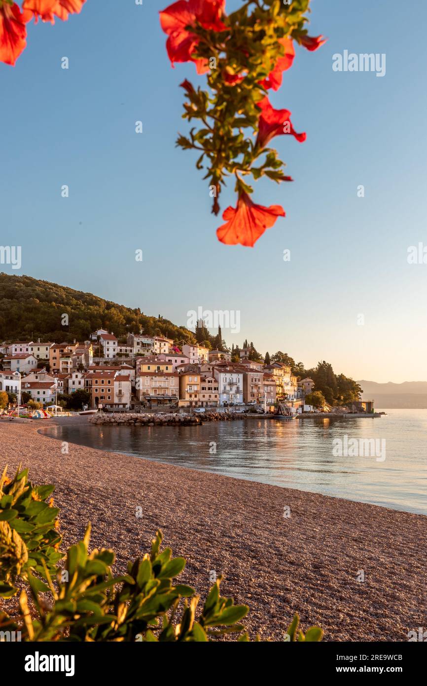 Moscenicka draga Istria in Croatia. Nice sea and beach photo with town ...