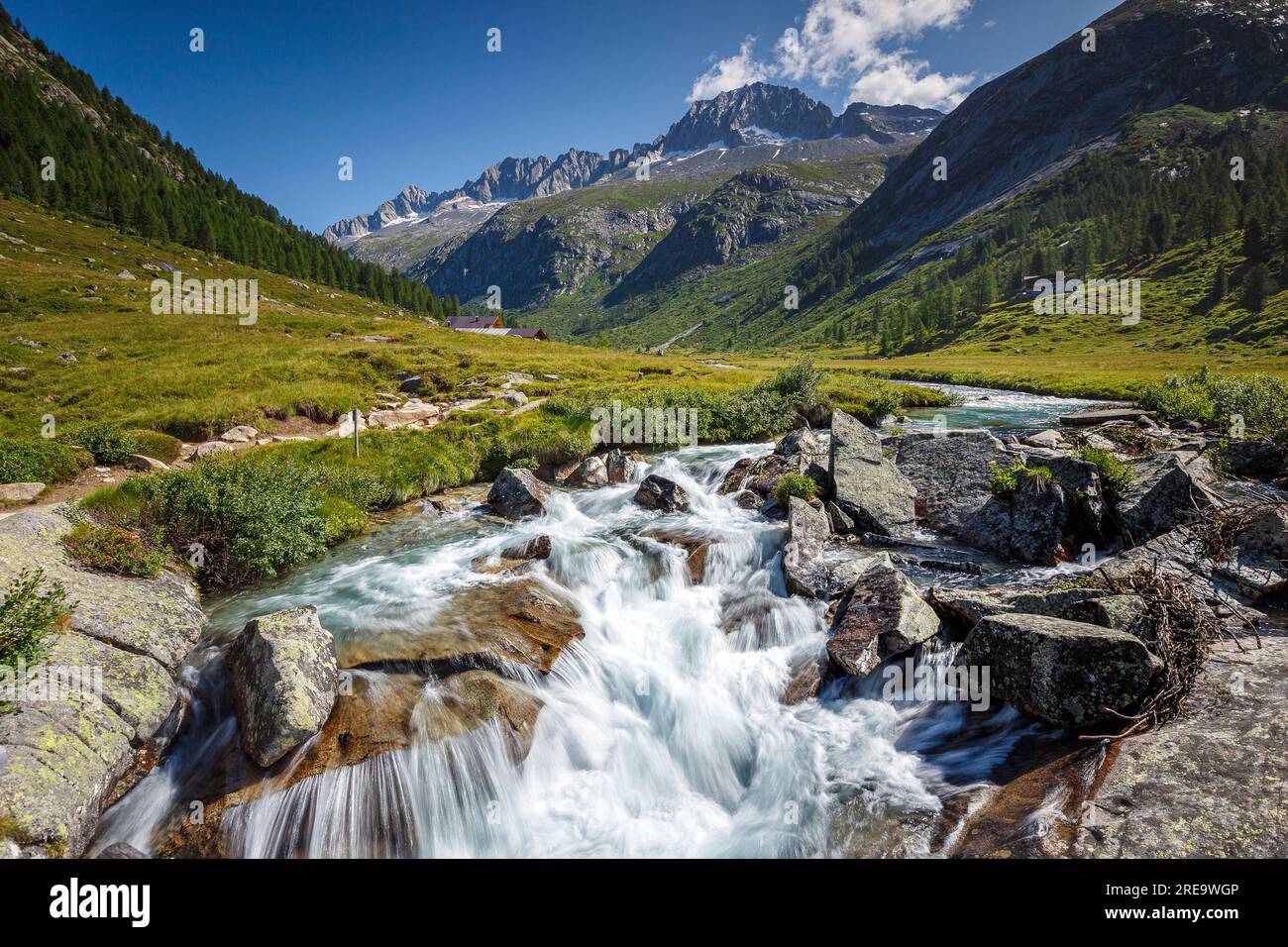Moving water of river Chiese among the rocks. Val di Fumo alpine valley ...