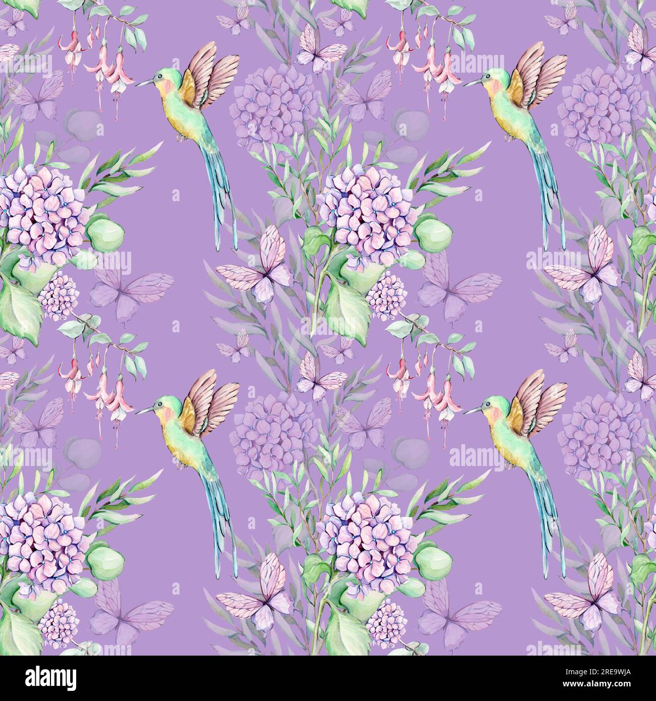 Watercolor seamless pattern with hydrangea and hummingbird. Hand drawn ...