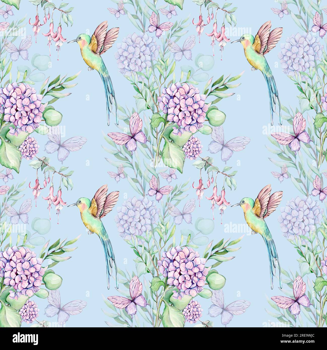 Watercolor seamless pattern with hydrangea and hummingbird. Hand drawn ...