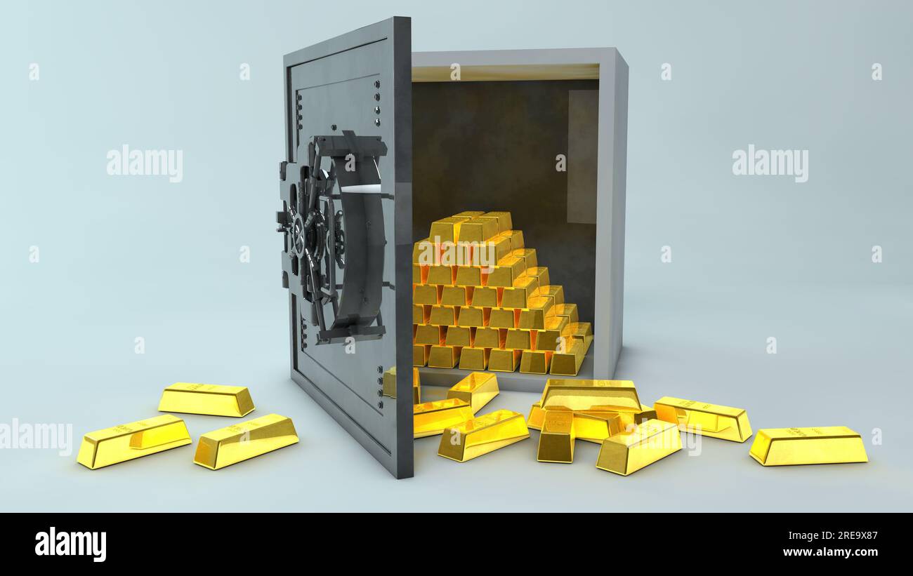 An open Safe with gold bars falling out of it. 3D render Stock Photo ...