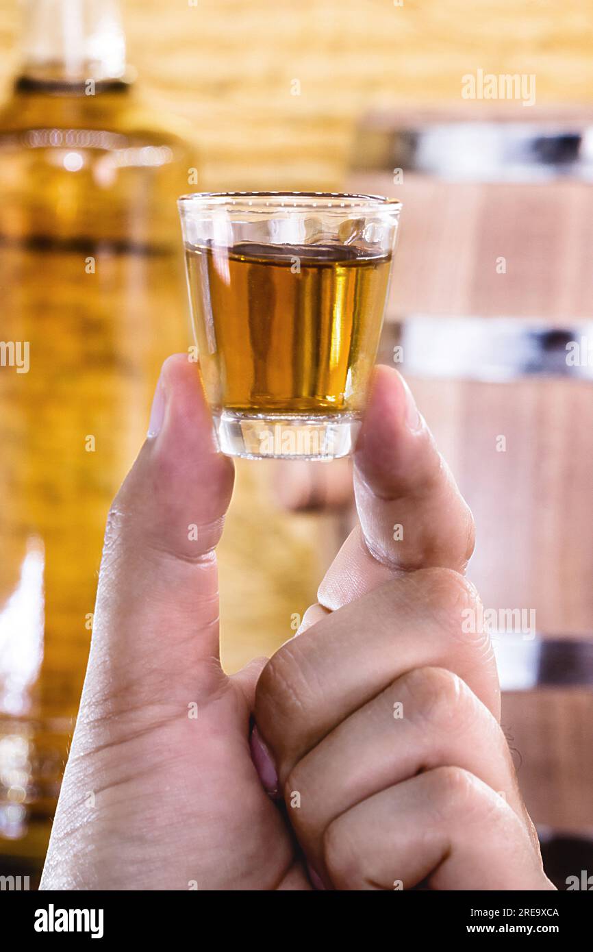 Hand holding glass of alcoholic drinks, cachaça, pinga, rum and cognac ...