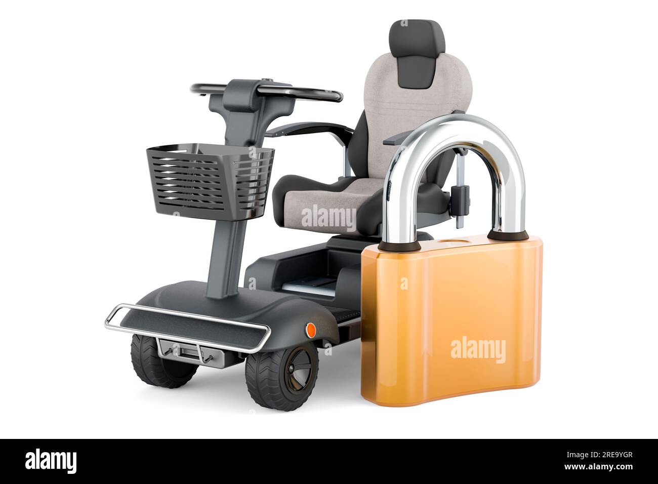 Powered mobility scooter with padlock, 3D rendering isolated on white ...