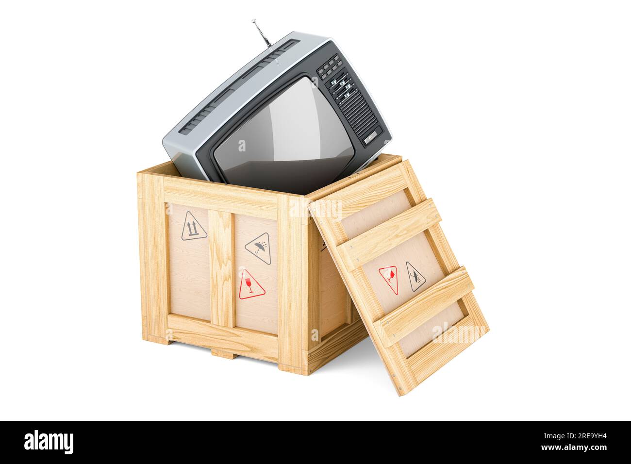 Retro TV set inside wooden box, delivery concept. 3D rendering isolated ...