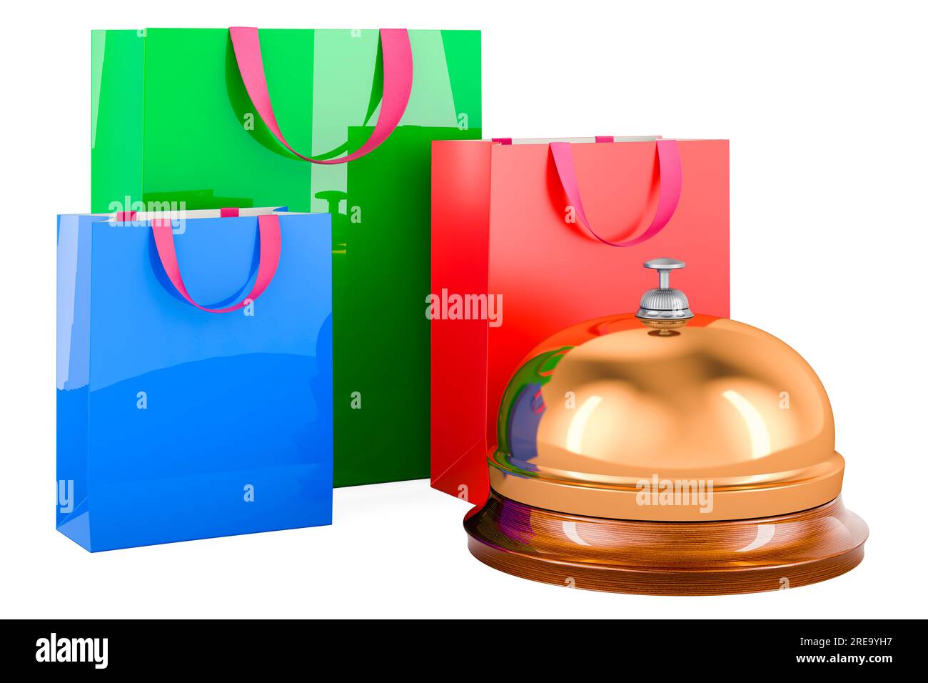 Shopping bags with reception bell, 3D rendering isolated on white ...